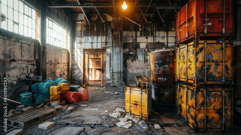 The interior of an abandoned factory box warehouse. There is a messy ...