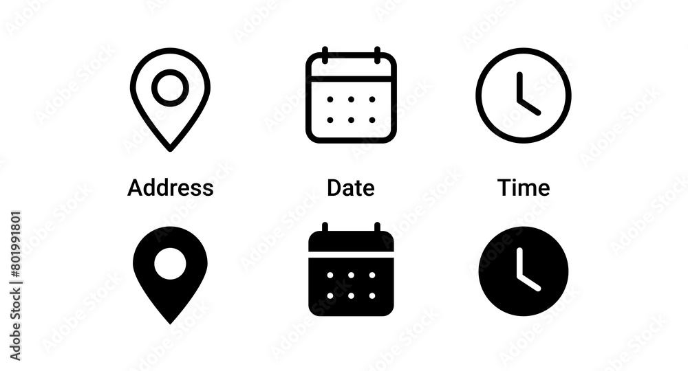 Address location icon. Stopwatch timer icon. Date Calendar icon - Web ...