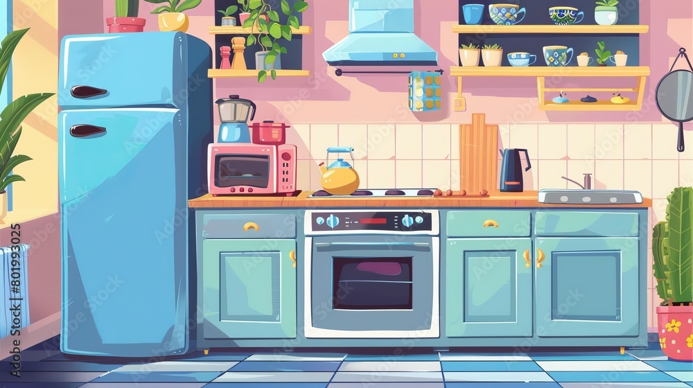 Kitchen cartoon interior at home with fridge modern background. Cooking ...