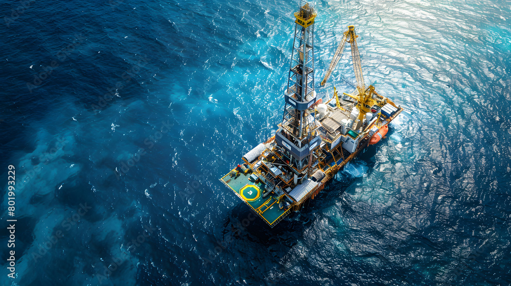 An aerial view of an offshore oil rig surrounded by electric blue water ...