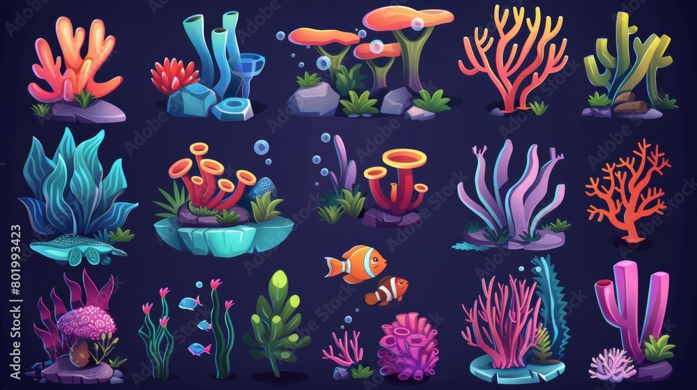 Cartoon underwater world animals and plants. Seaweed, coral, fish ...