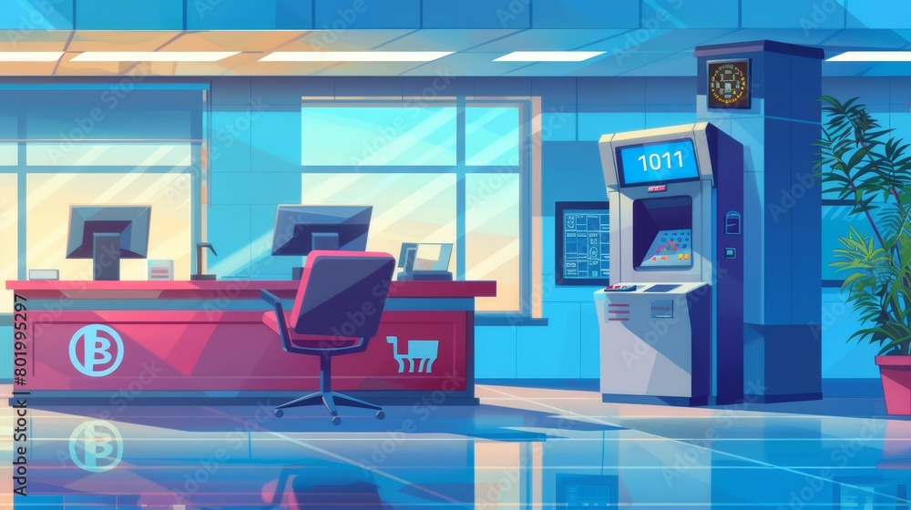 Office room interior with cartoon ATM background. Lobby with counter ...