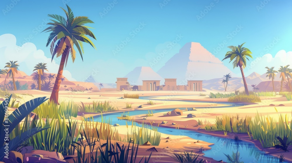 Desertscape with palm trees and Nile river. Egyptian sand landscape ...