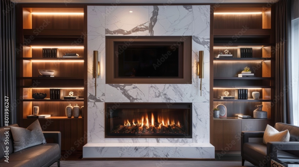 A sleek and contemporary fireplace design featuring a marble tile ...