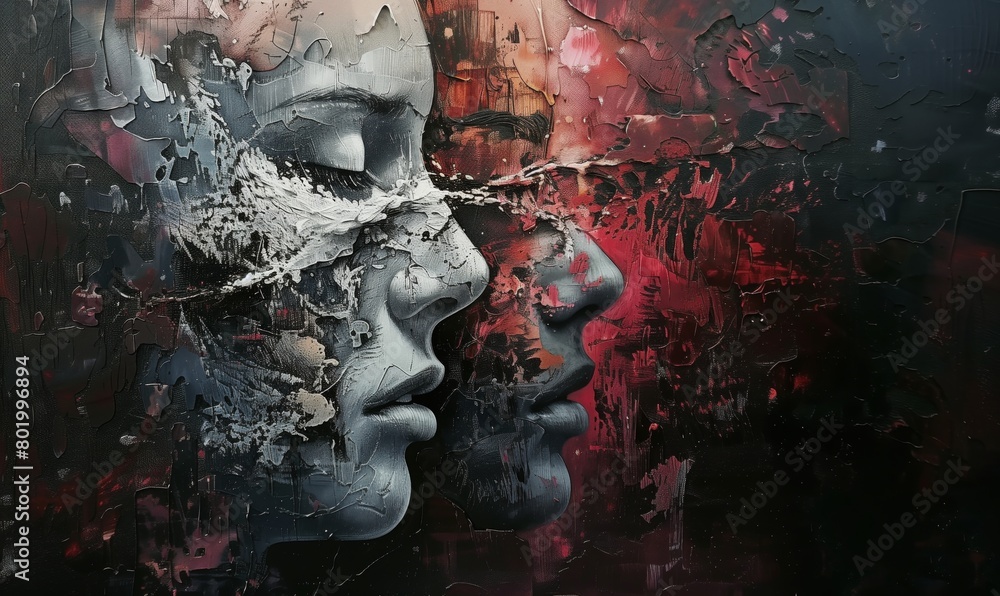Abstract painting of two faces melding in turbulent red and black hues ...
