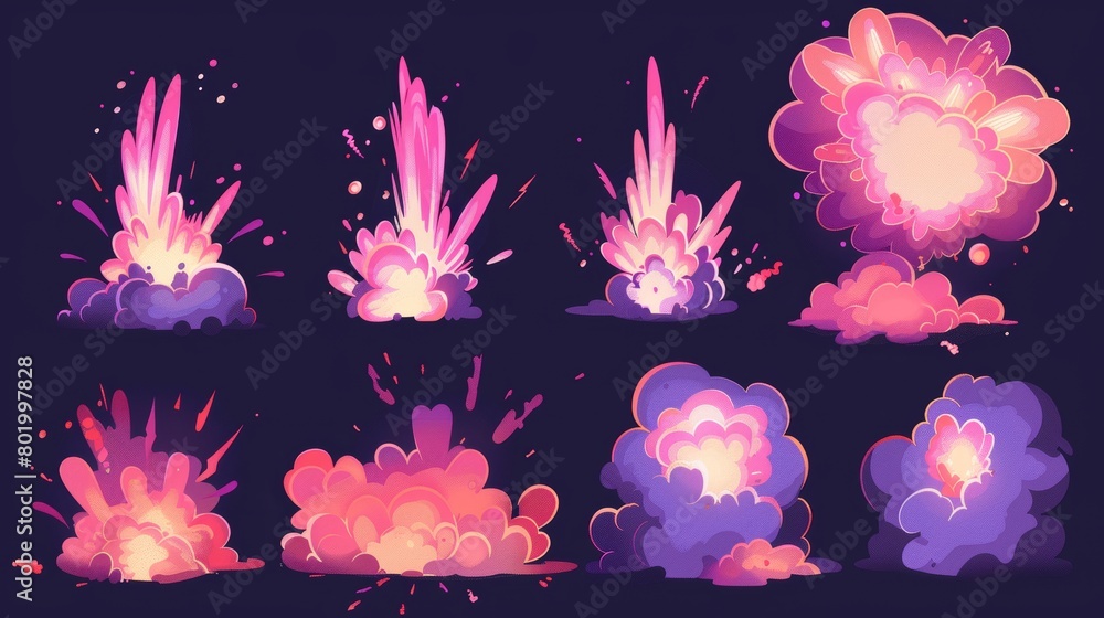 Cartoon modern set of sequences with fire, smoke, and sparkles for ...