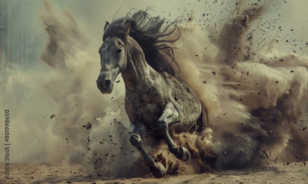 Powerful horse kicking up dust while running wild in a desert landscape ...