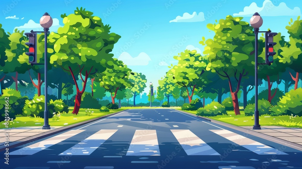 Summer streetscape cartoon with sidewalks, traffic lights, and green ...