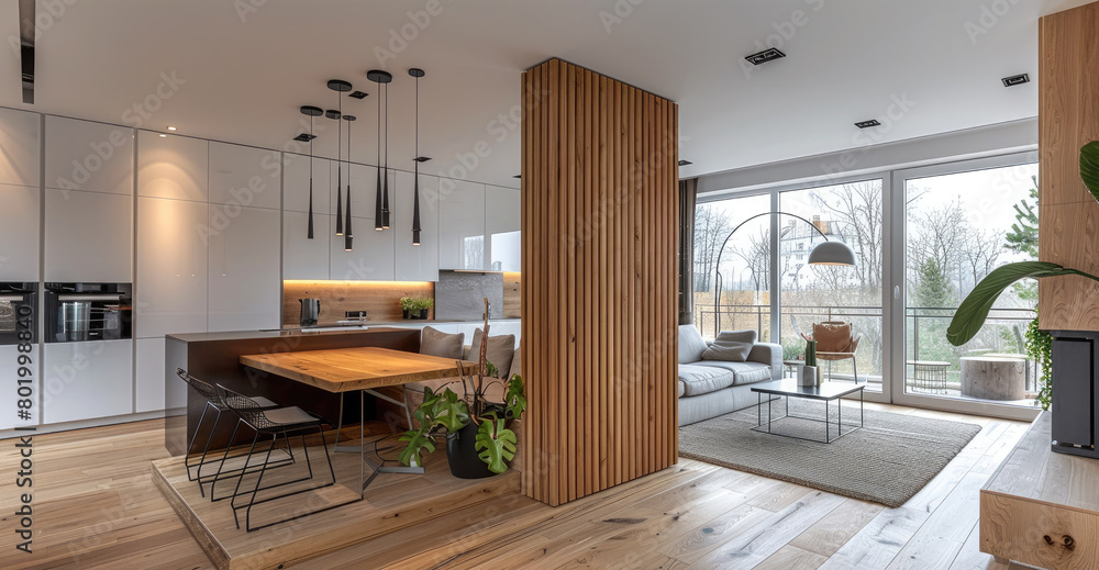 Oak vertical room divider with integrated wide bar table in bright ...