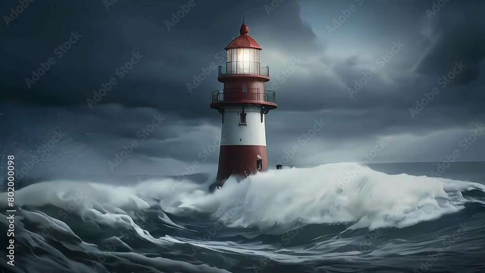 a lighthouse in the middle of a terrible storm, heavy rain and violent ...