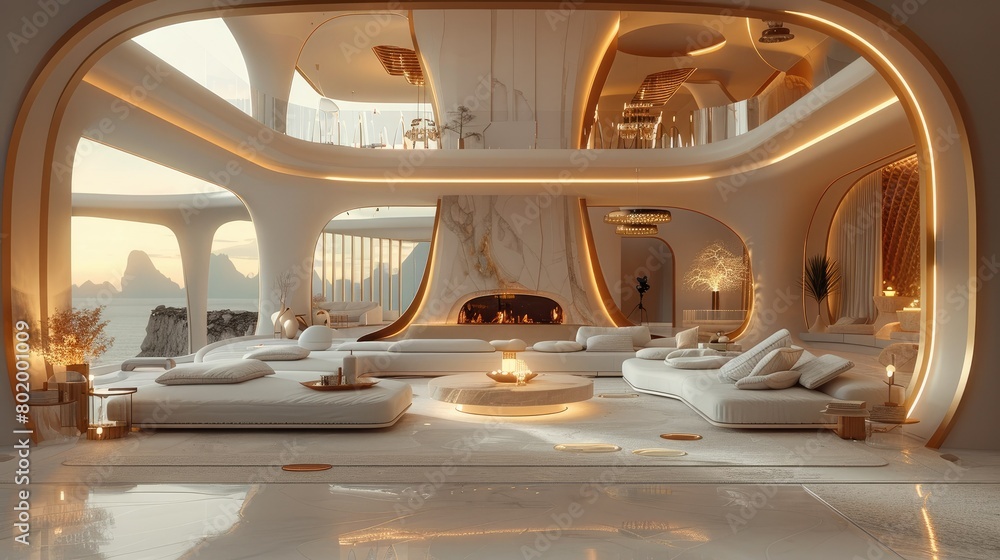 Futuristic palace, modern living room with large windows, eye level ...