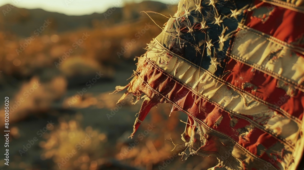 A close-up of a weather-beaten American flag along a dusty country road ...