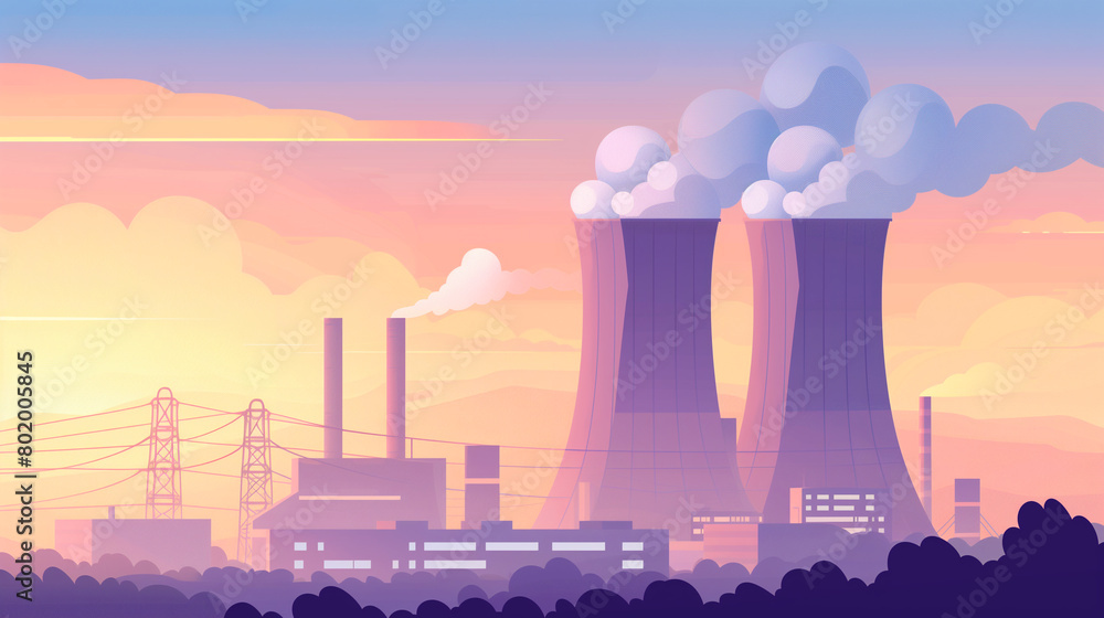 Illustrated Nuclear Power Plant at Sunset. Colorful digital ...