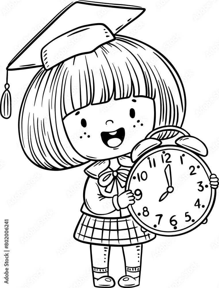 Cartoon little schoolkid teach how to tell time and read a clock. Child ...