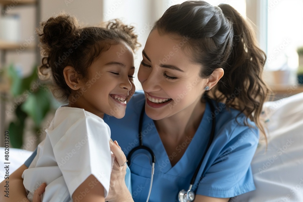 Friendly doctor talking to child and support her at medical checkup ...