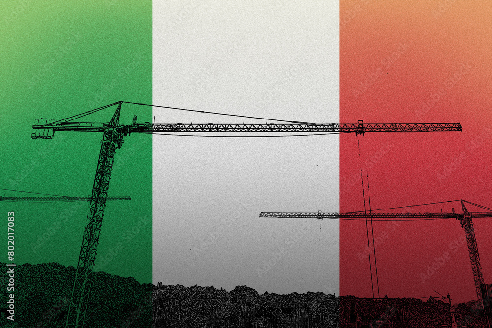 Italy flag with big cranes, growth and development in construction ...