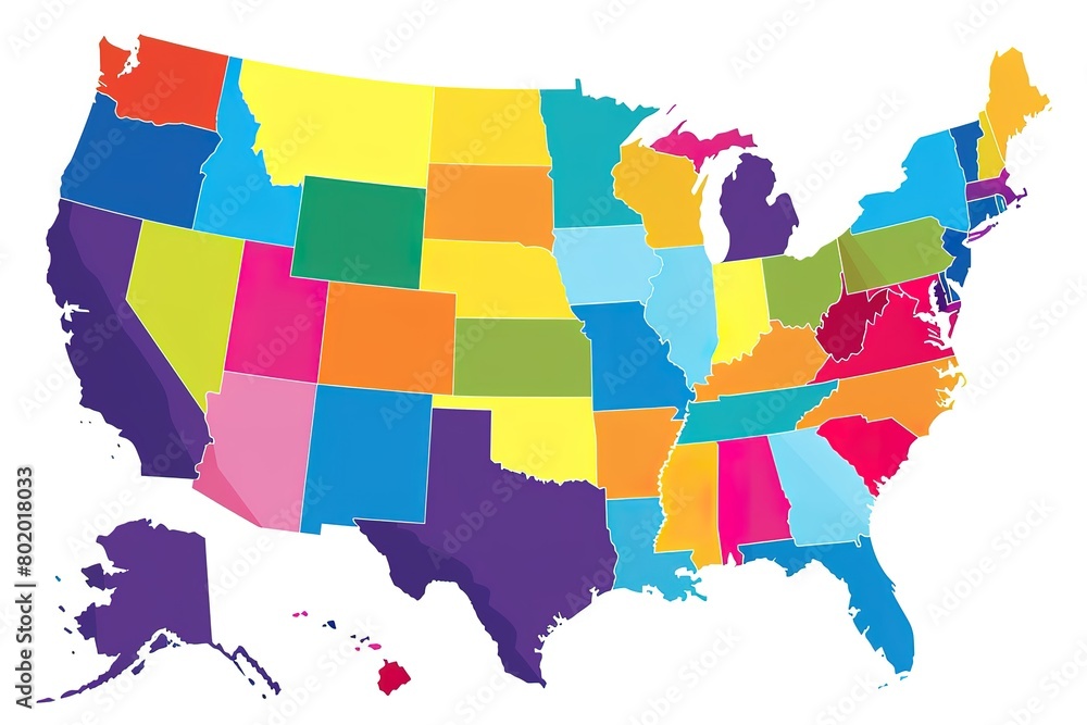 Colorful map of the United States with each state colored in different ...