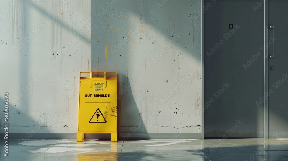 Yellow warning sign with out of service inscription on white floor in ...