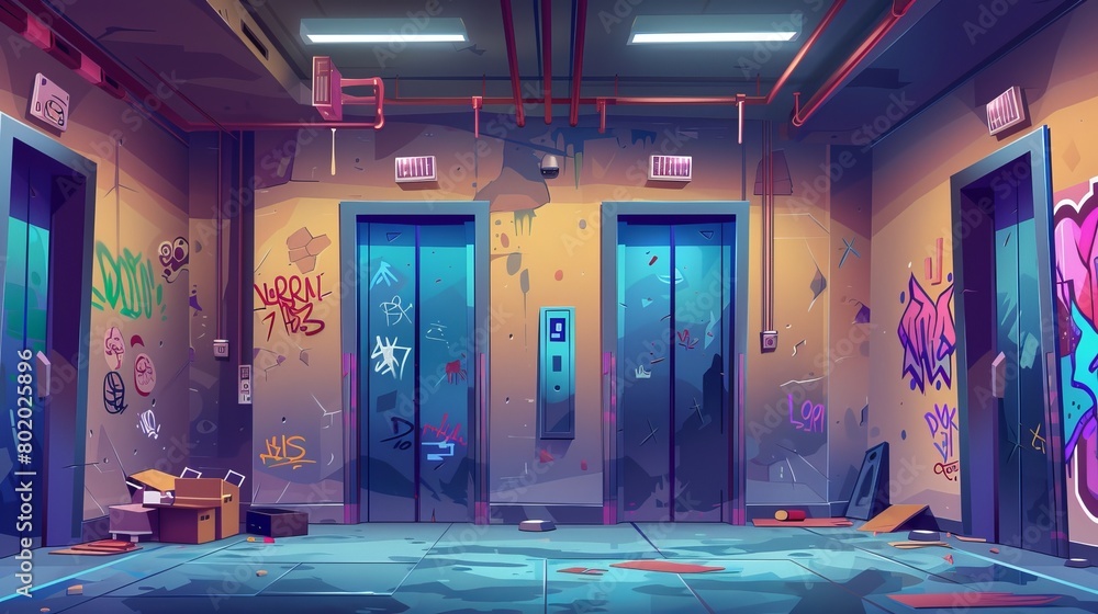 Clean hallway with open and closed elevator doors. Modern cartoon ...
