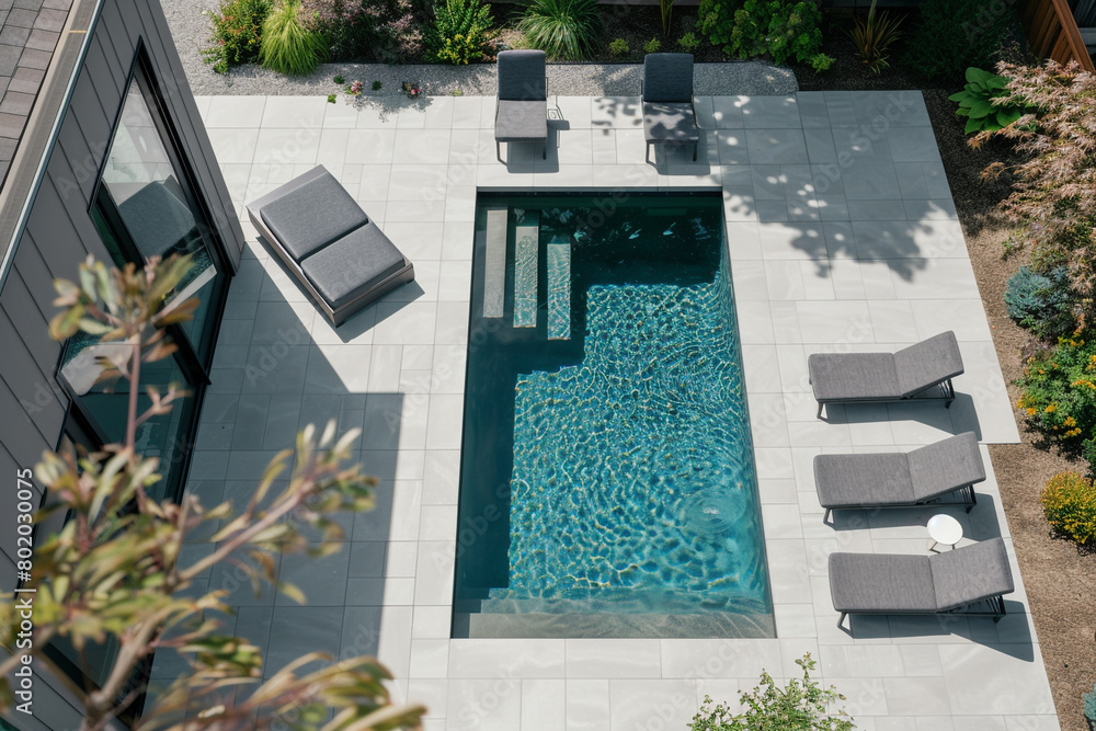 Top view of a landscaped patio featuring a symmetrical pool and ...