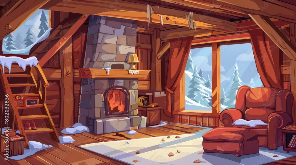 Old abandoned chalet house with broken wooden stairs and fireplace ...