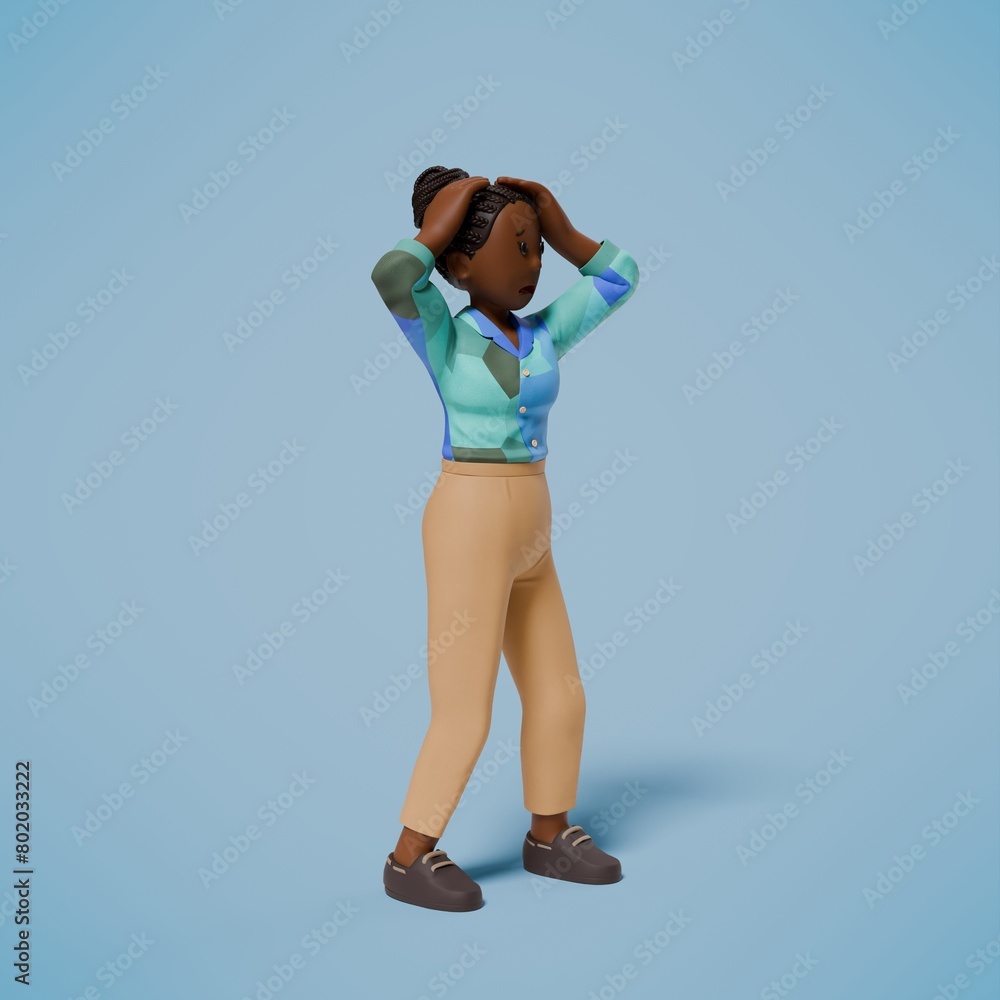 3d woman panicked while holding his head with both hands with blue ...