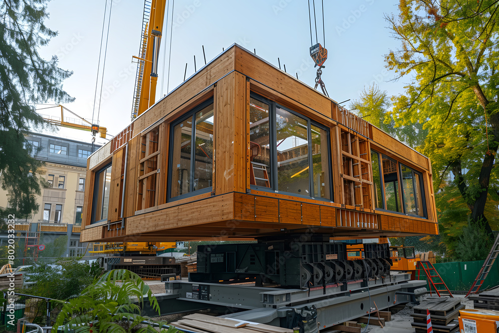 Modular wooden building module being lifted by a crane at a ...