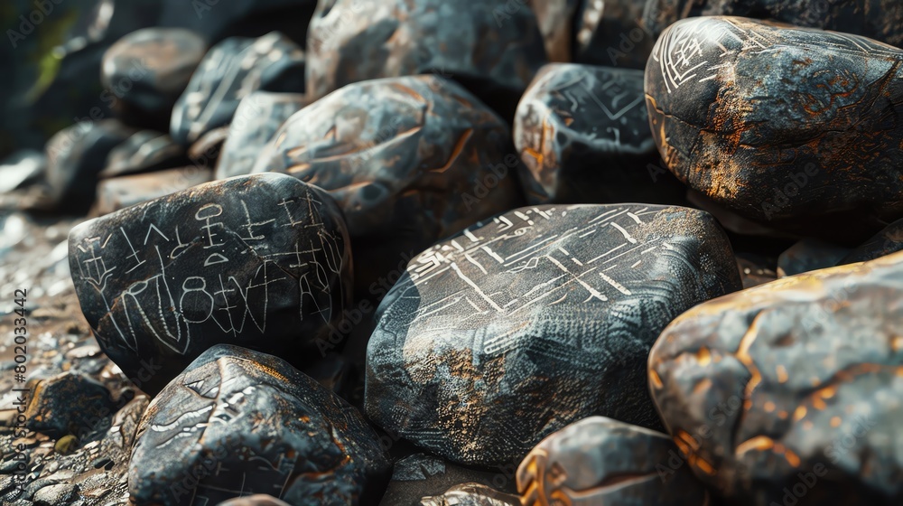 Whispering stones featuring ancient echoes and mystical runes, evoking ...