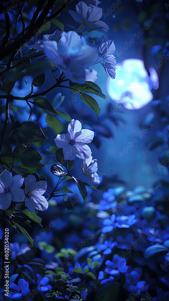 Midnight bloom under lunar glow within a secret garden, creating an ...