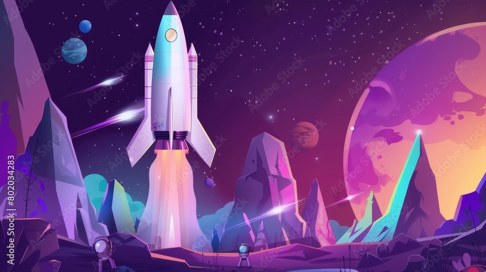 A modern illustration of a fantasy landscape and flying shuttle depicts ...