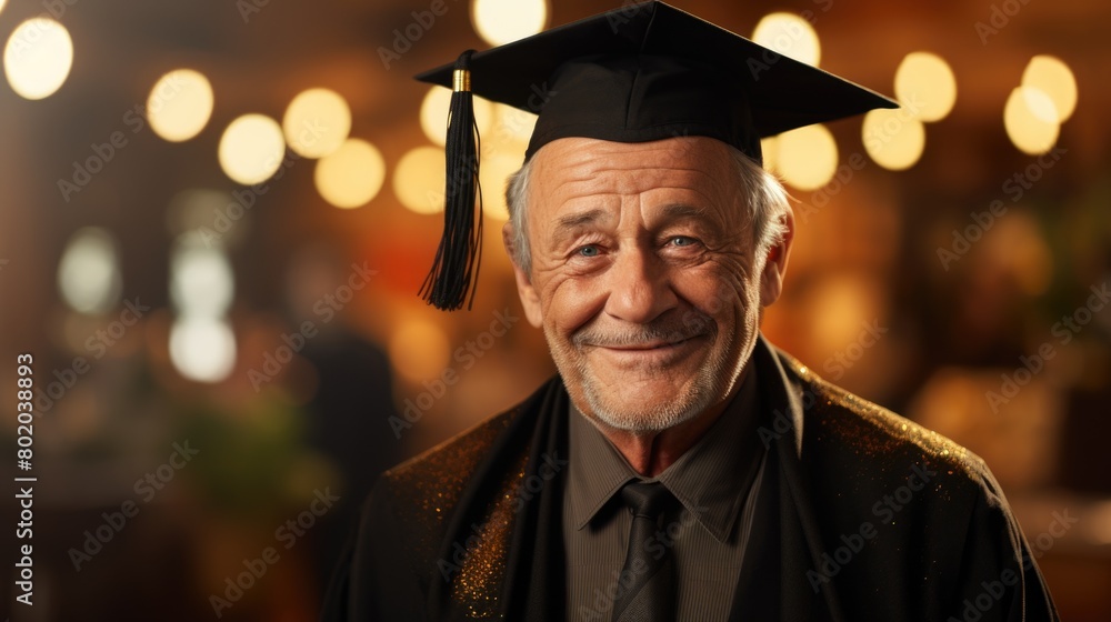 Older man in graduation cap and gown Stock Photo | Adobe Stock