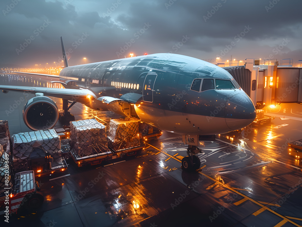 Airplane at airport during rainy evening. Cargo containers on tarmac in ...