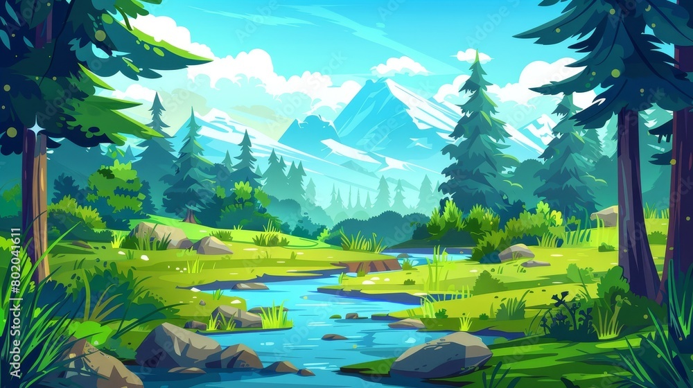 Modern background of nature scene with river and brook in woods. Modern ...