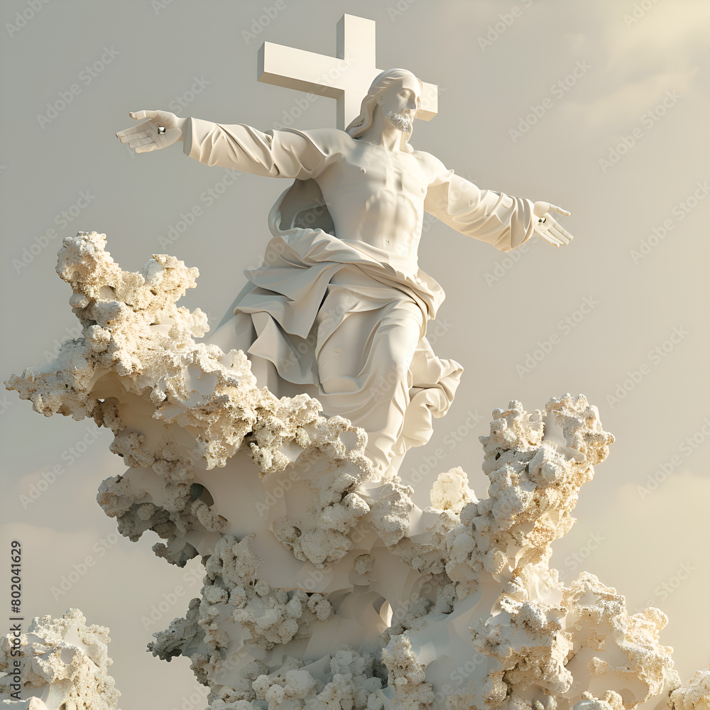 A white statue of Jesus Christ is depicted in a cloud of white powder ...