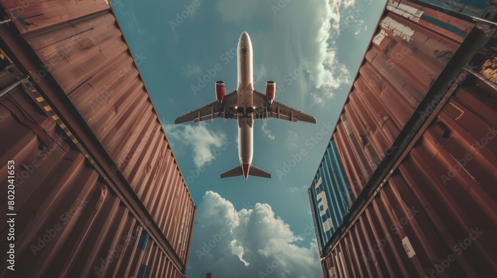 Cargo airplane flying above logistic container. Air logistic. Cargo and ...