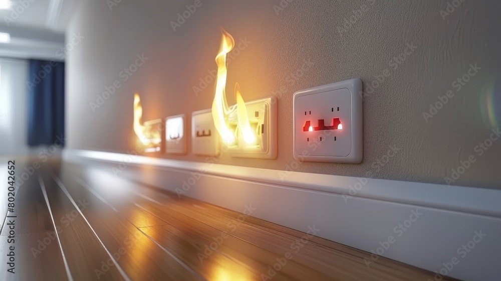 Urgent fire hazard with electrical outlet visibly burning dangerously ...
