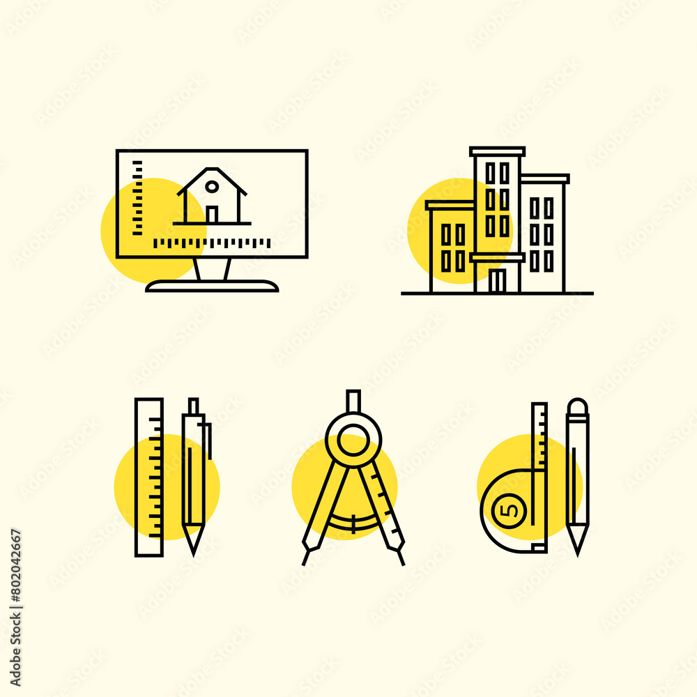 Set of flat architectural icons in linear outline design. Architecture ...