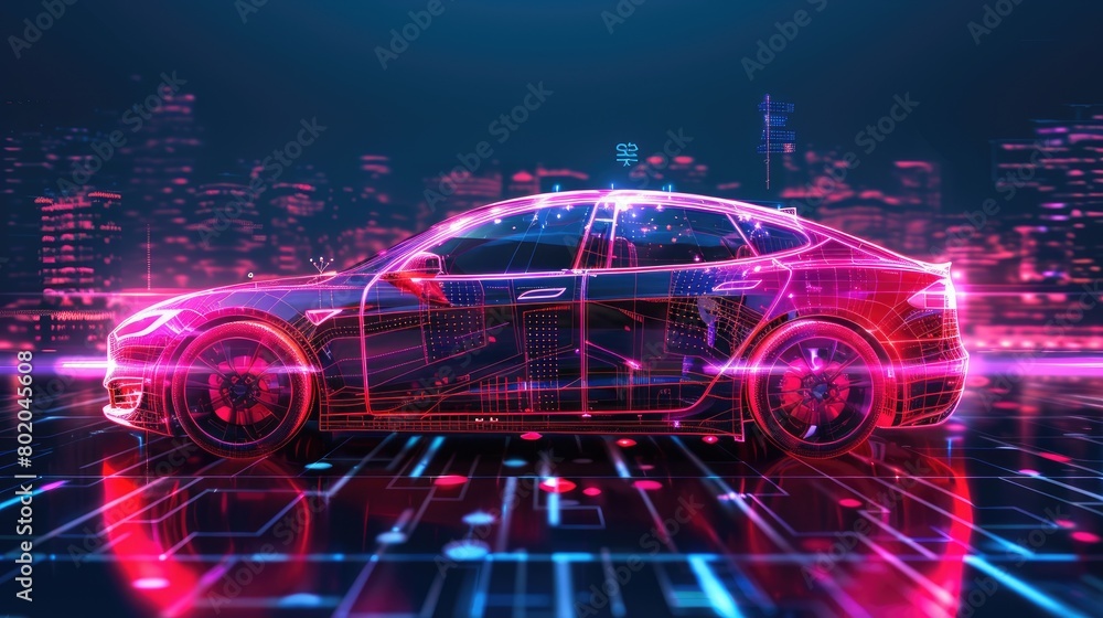 A holographic projection of an electric car with neon lights and a ...