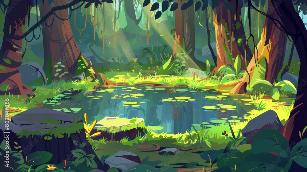 An illustration of a cartoon forest pond or swamp in the summer, with ...