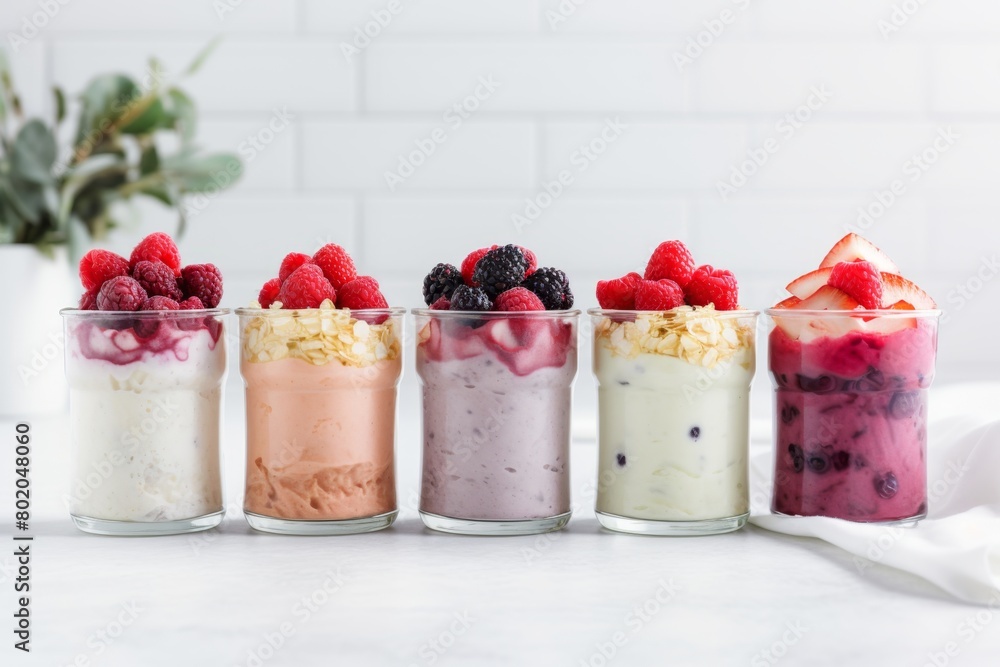 Five small glass jars with fruit and yogurt parfaits sit on a white ...