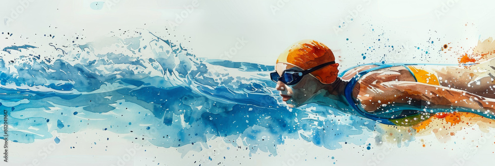 Swimming sport illustration. Female swimmer and splash water, banner ...