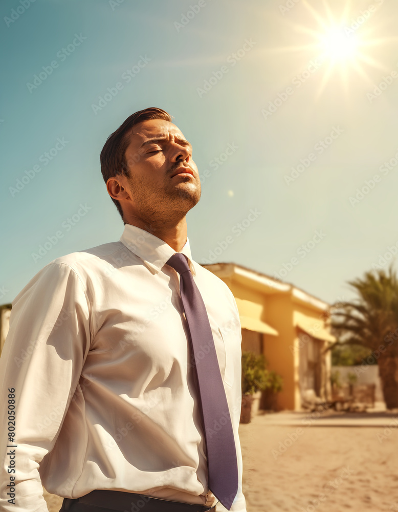 Businessman facing heat exhaustion under the sweltering heat of the ...