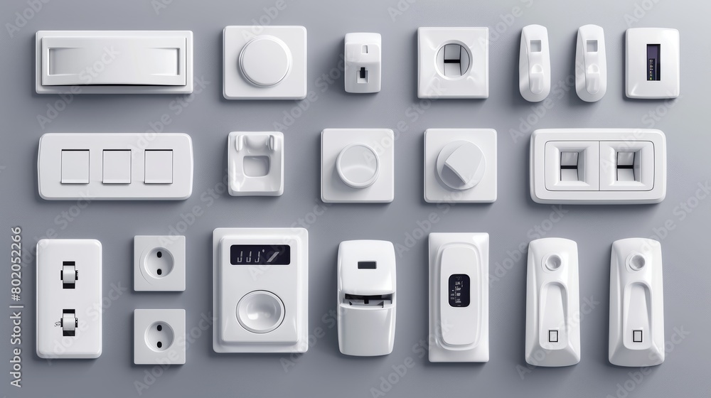 Various types of toggle switches and outlets of different styles on a ...