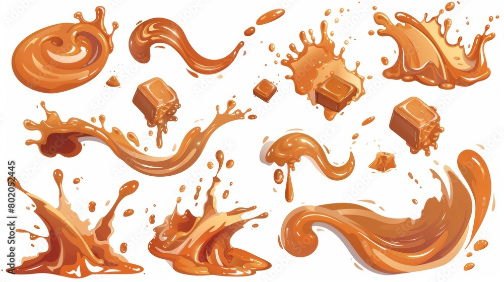 A modern cartoon set of sweet brown cream, fudge cubes, sugar or maple ...