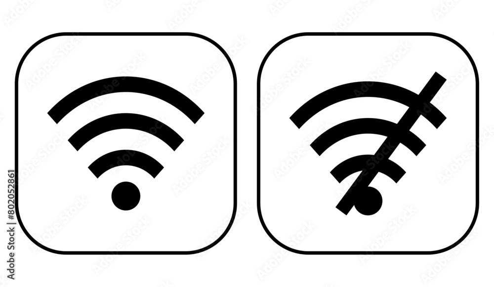 Two icons depicting black Internet icons Wi-Fi and no Wi-Fi on a white ...