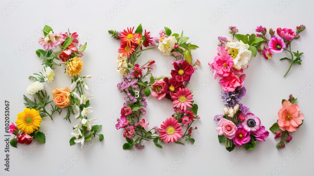 Characters A ,B and C made of various flowers. Standalone design ...