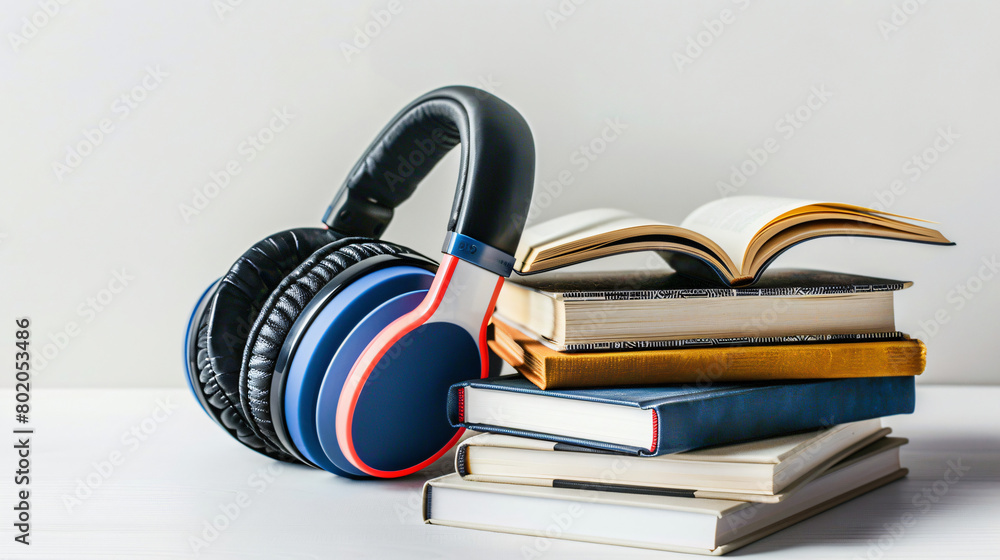 Books and modern headphones on white background. Stock Photo | Adobe Stock