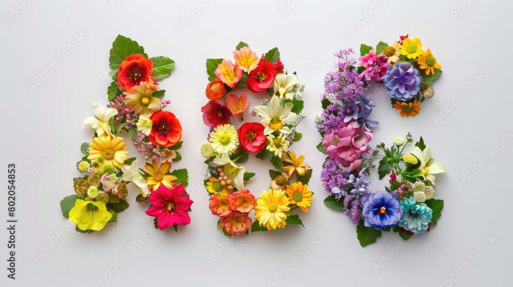 Characters A ,B and C made of various flowers. Standalone design ...