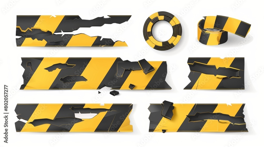 Black and yellow stripes on sticky warning ribbon. Modern realistic set ...
