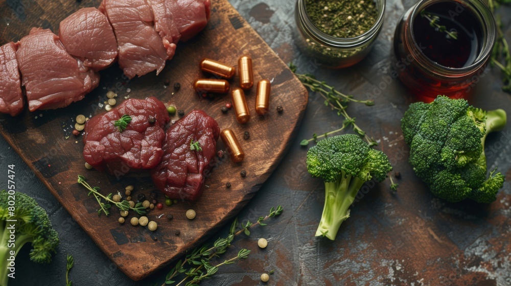 B12 supplement capsules alongside natural sources of the vitamin ...